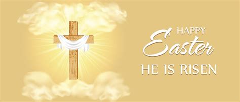 He Is Risen Happy Easter Christian Cross Against The Background Of Golden Clouds And Sunbeams