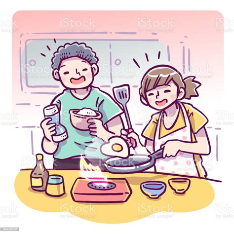 벡터 일러스트 레이 션의 행복 한 남자와 여자 마음된 모양 요리 함께 주방에서에서 달걀 튀김 요리하기 음식 준비에 대한 스톡