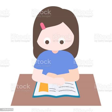 만화 귀여운 소녀는 교실에서 책을 읽는 데 중점을 둡니다 학교 시리즈로 돌아 오는 아이 흰색 배경 벡터 일러스트레이션 Eps10
