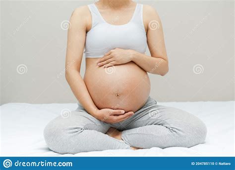 Pregnant Woman Touching Her Big Belly Close Up Motherhood Pregnancy