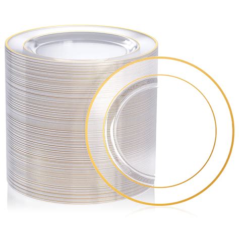 FOCUSLINE 100 Count Clear Gold Plastic Plates 7 Inch Disposable Heavy Duty Clear Plates With