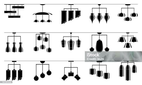 다양한 모양의 여러 요소로 만든 천장 램프 방을 조명하기위한 샹들리에 홈 인테리어 램프 디자인 벡터 아이콘 세트 글리프 격리 매달기에 대한 스톡 벡터 아트 및 기타 이미지