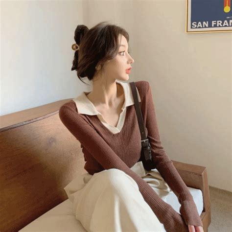 유미스토리 당일배송 [무배] 데일리 카라 브이넥 배색 골지 소프트 긴팔 슬림핏 니트 티셔츠 2c 비비드니트 니트조끼 크롭니트