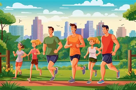 Cuatro Miembros De La Familia Corriendo En El Parque Vector Premium