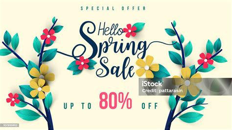녹색 잎과 화려한 꽃으로 봄 판매 배너 당신의 인사말 카드 전단지 웹 배너 초대장 포스터 브로슈어 배너 달력 봄 판매에 대 한 벡터 디자인 가격에 대한 스톡 벡터 아트 및
