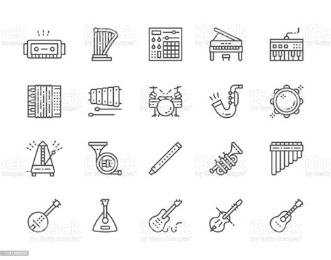악기 라인 아이콘의 집합입니다 피아노 아코디언 바이올린 기타 등 아이콘에 대한 스톡 벡터 아트 및 기타 이미지 아이콘