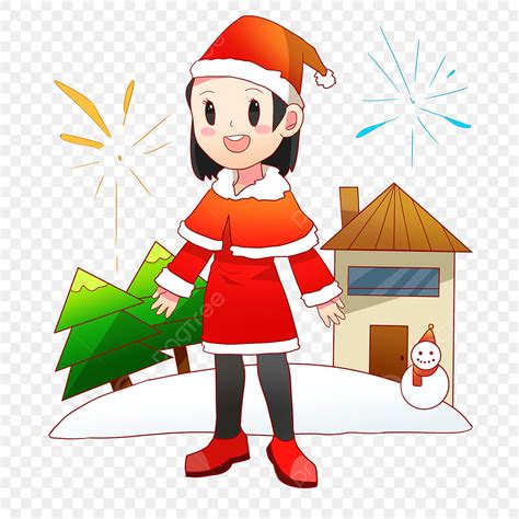 聖誕人物和聖誕樹雪人 聖誕節人物插畫 白色的雪人 黃色的房檐 紅色的聖誕帽 綠色的聖誕樹 漂亮的小女孩 聖誕節人物插畫 白色的雪人 黃色