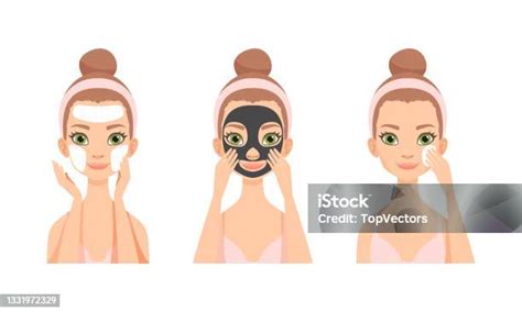핑크 헤드 밴드가 피부 벡터 세트에 마스크를 적용하는 어린 소녀와 얼굴 관리 루틴 머리에 대한 스톡 벡터 아트 및 기타 이미지 머리 메이크업 화장품 벡터 Istock