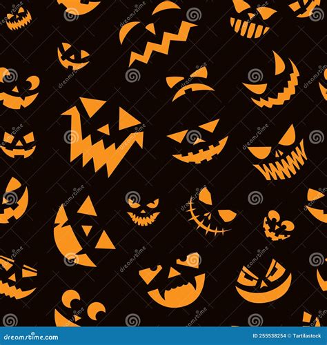 Scary Faces Pattern Seamless Print Of Halloween Pumpkin Carving Face