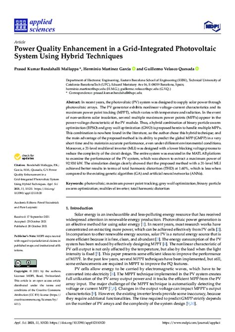 Pdf Power Quality Enhancement In A Grid Integrated Photovoltaic System Using Hybrid Techniques
