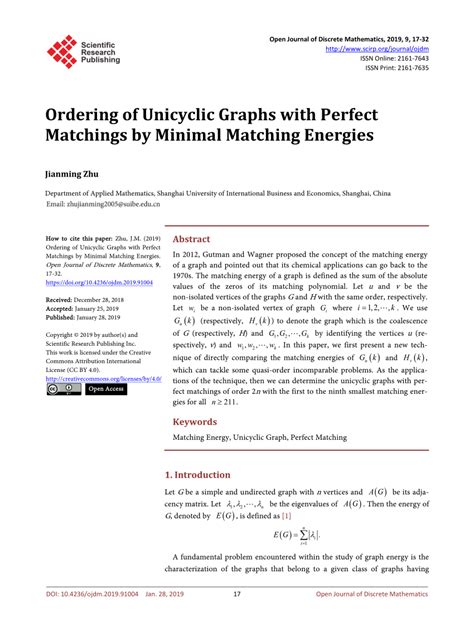 Pdf Ordering Of Unicyclic Graphs With Perfect Matchings By Minimal Matching Energies