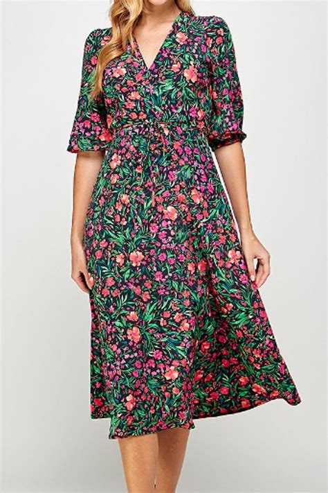 Floral Print Faux Wrap Midi Dress Black Shopperboard