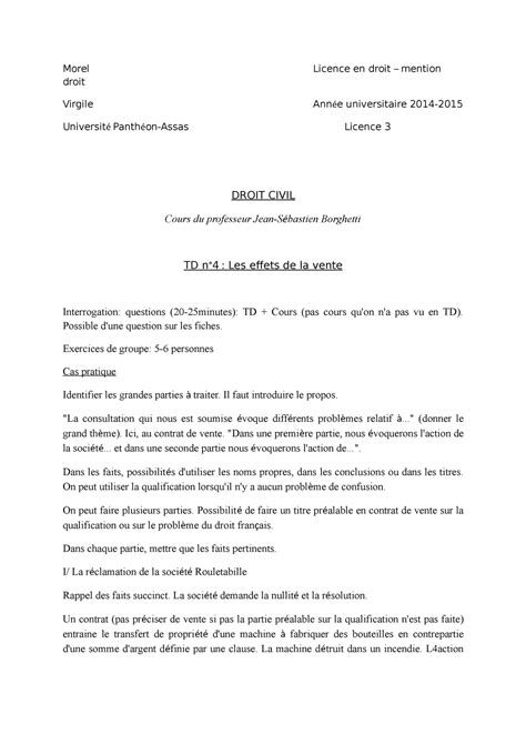 Td N Droit Civil Td De Droit Des Contrats Sp Ciaux Assas Niveau L Morel Droit Licence En