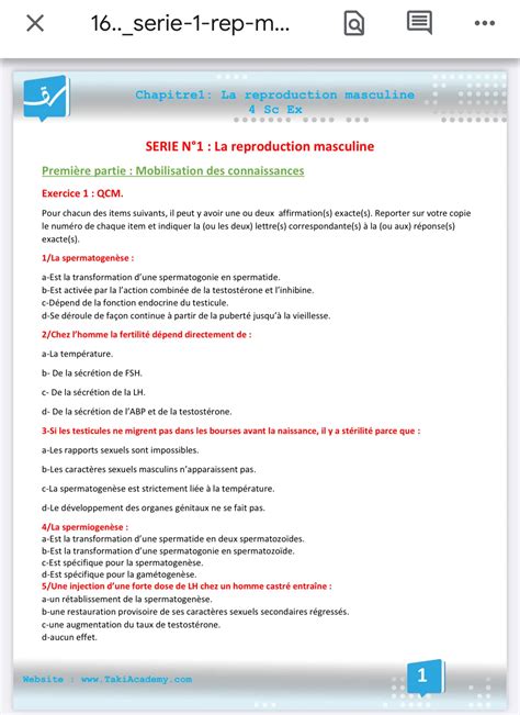 Taki academy série n2 svt la reproduction masculine avec correction