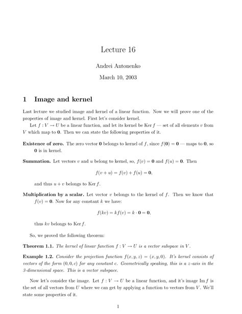 Image And Kernel Linear Algebra Lecture 16 Notes Applied Math And