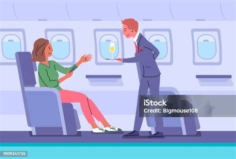 Cartoon Color Characters People And Airplane First Class Concept Vector
