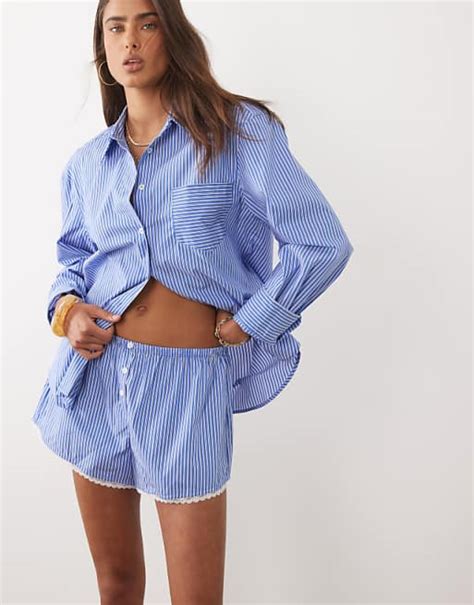 Good American Poplin Lace Trimmed Boxer Shorts In Blue And White
