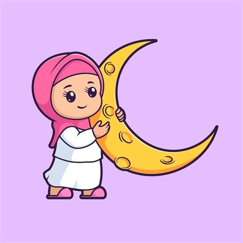 Free Vector Cute Girl Moslem Holding Moon Cartoon Vector Icon