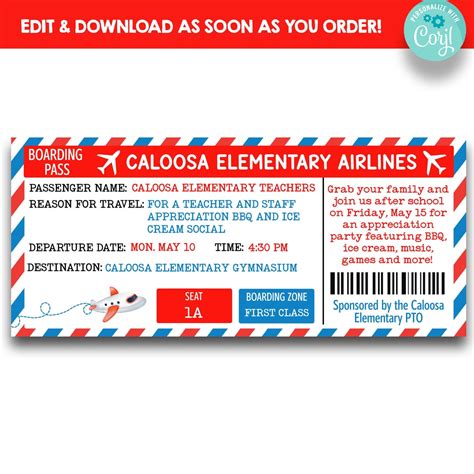 Editable Boarding Pass Ticket Teacher Appreciation Week Printable