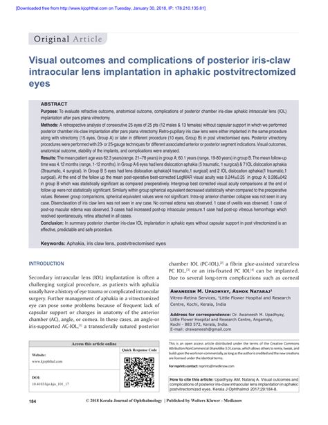 Pdf Visual Outcomes And Complications Of Posterior Iris Claw Intraocular Lens Implantation In
