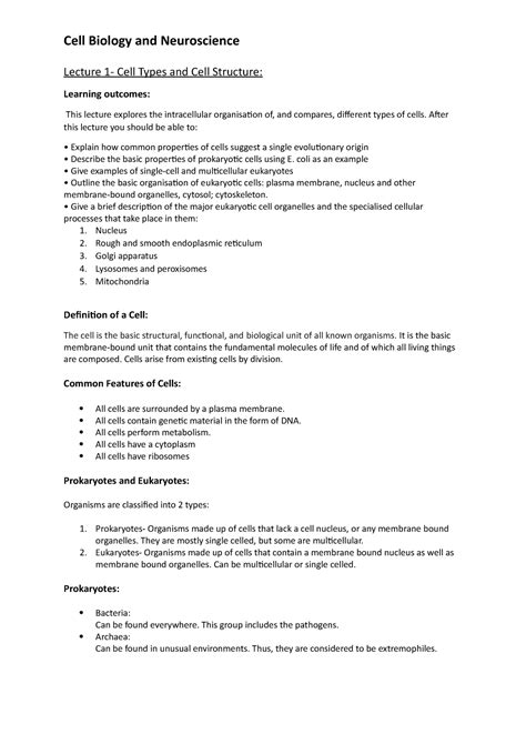 Cell Types And Cell Structure Partially Completed Cell Biology And Neuroscience Lecture 1