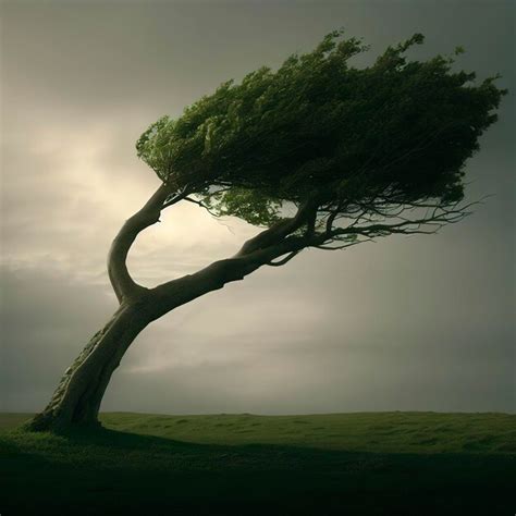Premium Ai Image Resilient Lone Tree Bends In The Wind