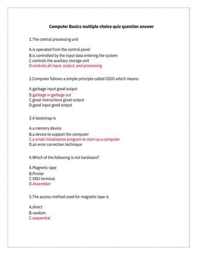 Computer Basics Quiz Question By Mr Simmonds Tpt
