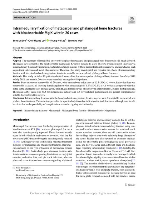 Intramedullary Fixation Of Metacarpal And Phalangeal Bone Fractures With Bioabsorbable Mg K Wire