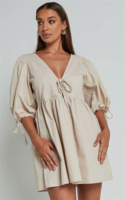 Rosita Mini Dress Tie Front Puff Sleeve Dress In Stone Showpo Usa