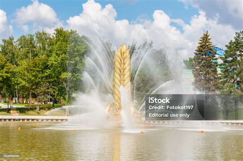 화창한 여름 날에 푸른 하늘에 대한 모스크바vdnh 공원에서 분수 황금 스파이크 국가 경제의 성과의 전시는 러시아의 인기있는 관광 랜드 마크입니다 0명에 대한 스톡 사진 및