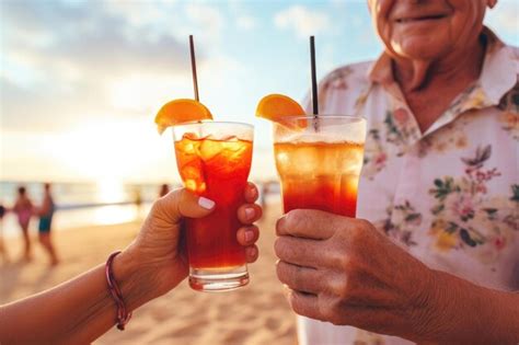 Premium Ai Image Happy Senior Couple Enjoys Cocktails On Sunny Beach