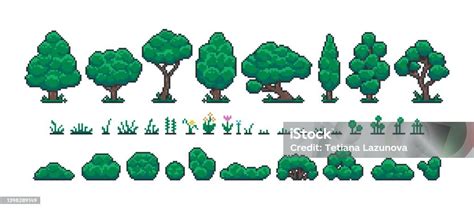 Set Hutan Piksel Elemen Ui Video Game Retro 8 Bit Semaksemak Pohon Dan