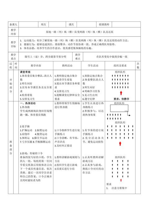 水平一队列队形《原地一路、纵队变两路、纵队及还原》（教案）（表格式）五年级体育 21世纪教育网