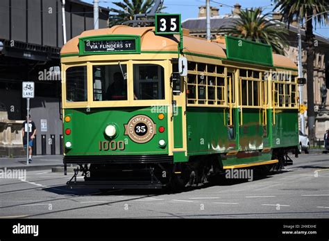 Bright Green W Class Tram On Spring St The Eastern Edge Of The Cbd