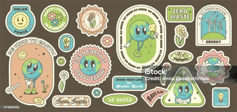 트렌디 한 복고풍 만화 스타일의 행성 스티커를 저장하십시오 세계 환경의 날 귀여운 지구 캐릭터와 마스코트 복고풍에 대한 스톡 벡터 아트 및 기타 이미지 Istock