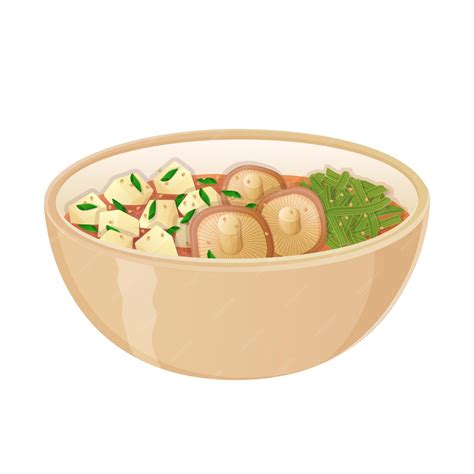 일본 된장국 또는 미소시루 만화 스타일의 흰색에 고립 된 아시아 음식 그림 프리미엄 벡터
