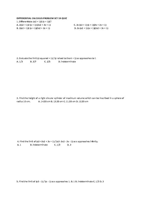 Differential Calculus Problem Set 10 Quiz Differential Calculus Problem Set 10 Quiz