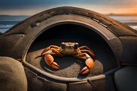Premium Photo A Crab Sits Inside A Barrel With The Sun Setting Behind It