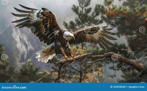 Bald Eagle Landing On A Tree Branch In A Forest Wildlife Scene