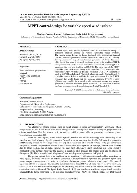 Pdf Mppt Control Design For Variable Speed Wind Turbine Meriem Otmane Rachedi