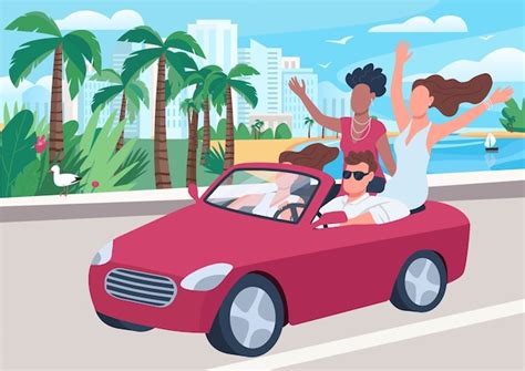 Hombre en coche rodeado de ilustración de color plano de chicas hombre popular y atractivo