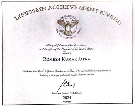 President Biden Bestows Lifetime Achievement Award On Dr Romesh Japra