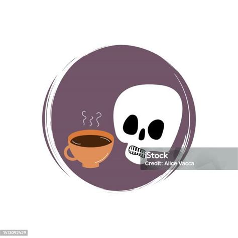 귀여운 로고 또는 만화 인간의 두개골 커피 컵이있는 아이콘 벡터 소셜 미디어 스토리 및 하이라이트를위한 서클의 일러스트 레이 션 가리기에 대한 스톡 벡터 아트 및 기타