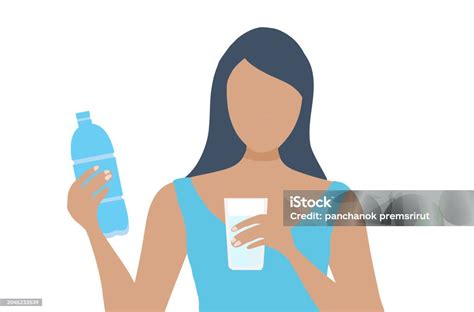 Healthy Woman Drinking Water From Plastic Bottle Vector Illustration