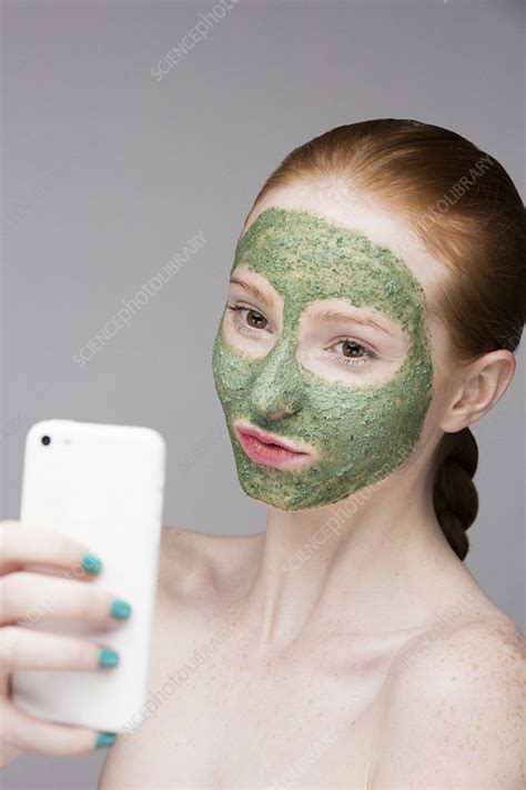 Woman Wearing Face Mask Taking Selfie Stock Image F011 2281