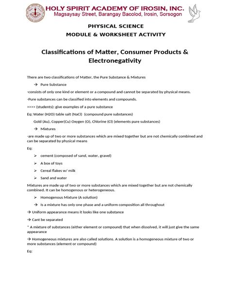 Physical Science Module Worksheet Pdf Chemical Substances Mixture