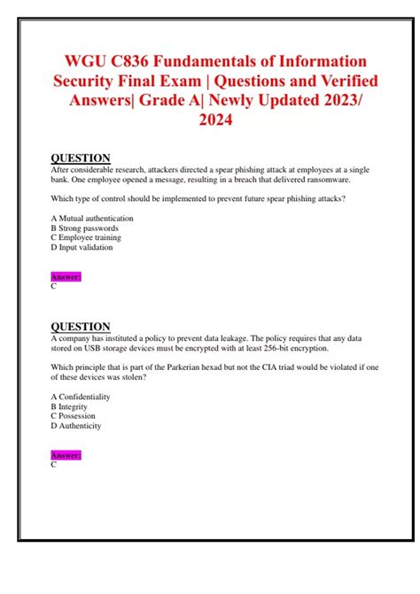 Wgu C836 Fundamentals Of Information Security Final Exam Questions