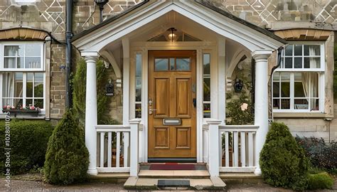Main Entrance Door In House Wooden Front Door With Gabled Porch And
