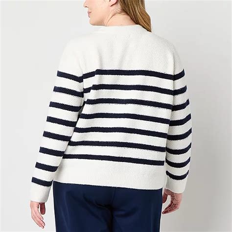 Liz Claiborne Plus Womens Crew Neck Long Sleeve Striped Pullover Sweater Color Crema Navy