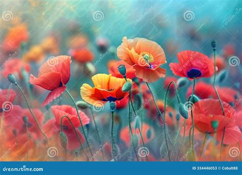 Poppies Flowers In Digital Watercolour And Continuous Line Drawing Red